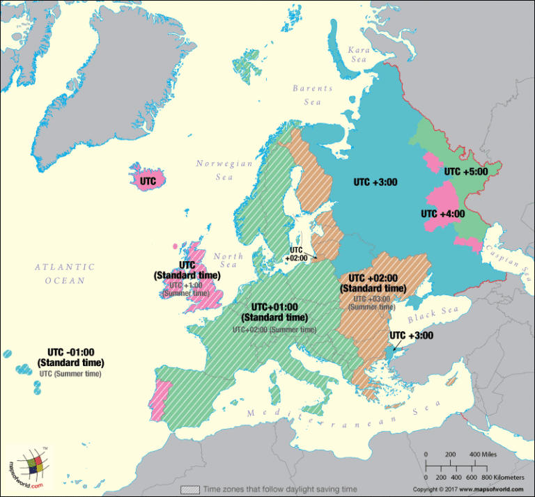 Europe Map Highlighting The Time Zones Followed Within The Continent