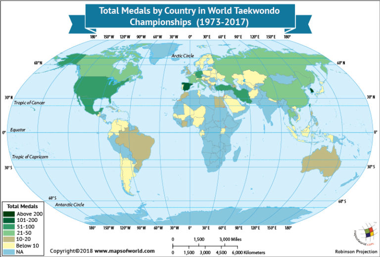 World Map highlighting countries which won Taekwondo Championship - Answers