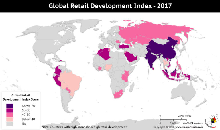 World Map depicting Global Retail Development scores - Answers