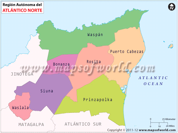 Mapa de Region Autonoma del Atlantico Norte (RAAN) Nicaragua